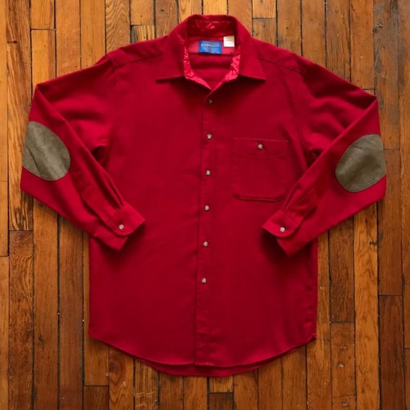 Pendleton | Shirts | Vintage 9s Pendleton Virgin Wool Men Red Brown Suede Leather Elbow Button ...